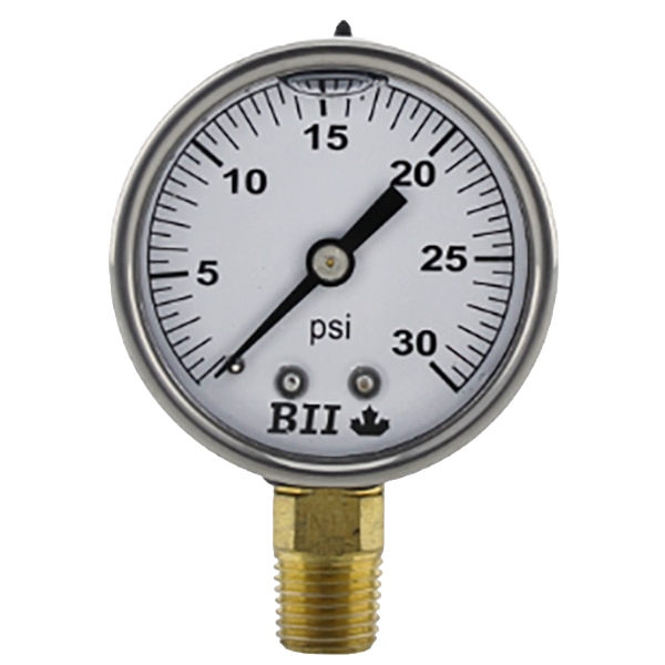 Lower Mount Pressure Gauge - 30 PSI, 2" Dial x ¼" MPT - Liquid Filled